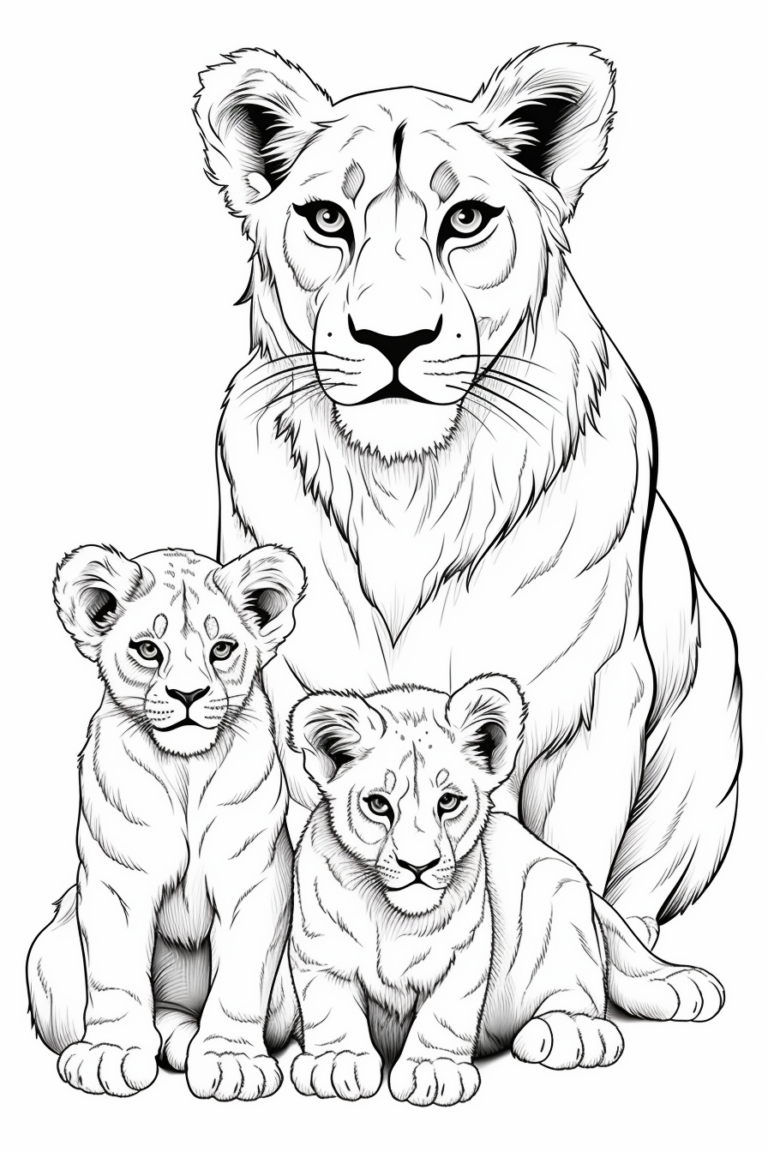 Lioness-and-cubs-2-coloring-book - The Tiniest Tiger